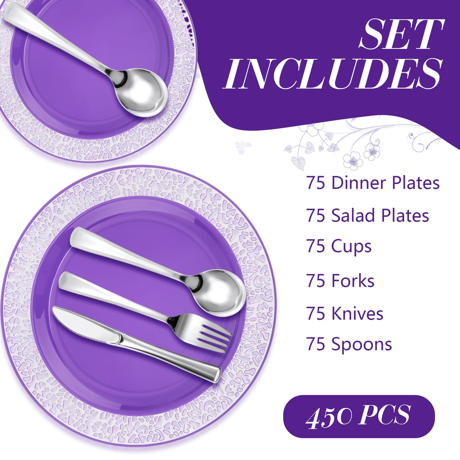 Norme 450 Pcs Purple Silver Plastic Party Plates Sets Include 75 Dinner ...