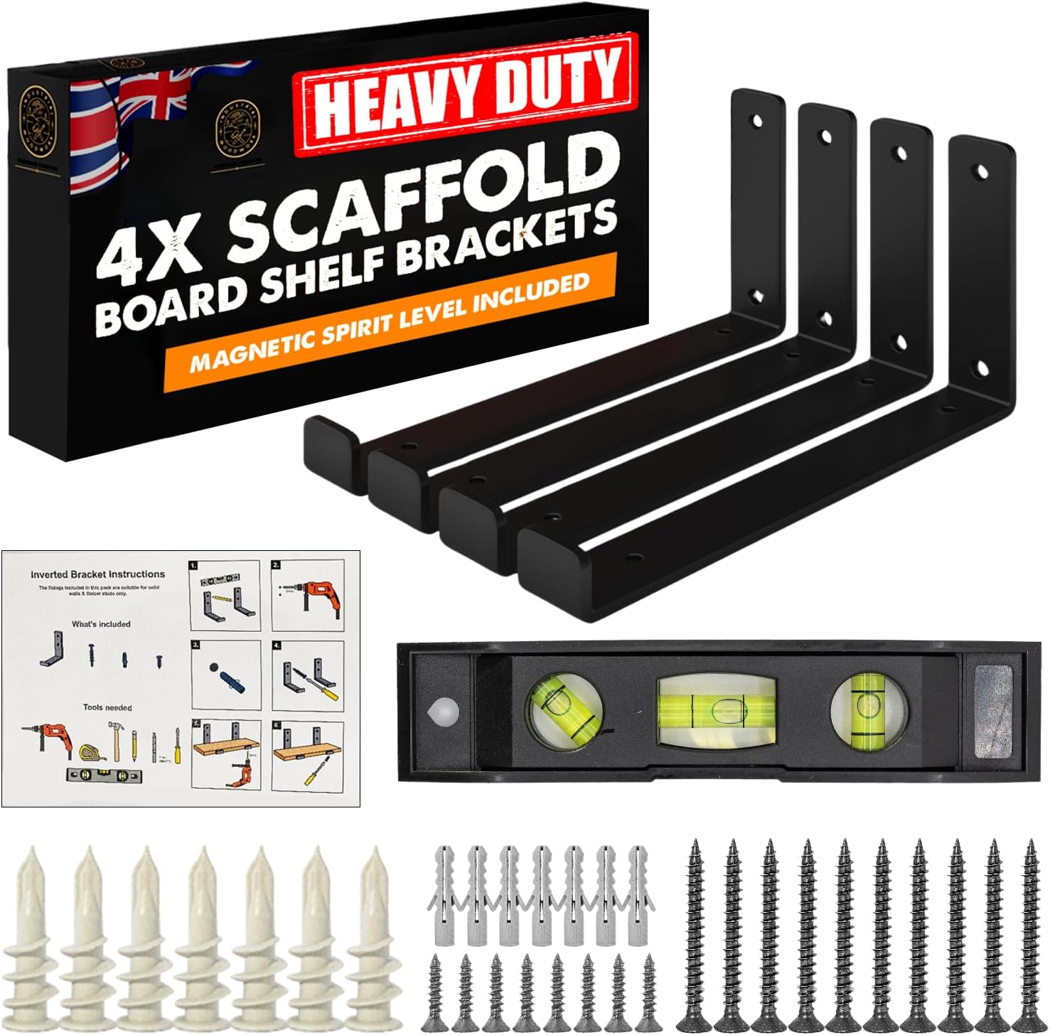 4 x Heavy Duty Scaffold Shelf Brackets 225mm - Industrial Style for 9 ...