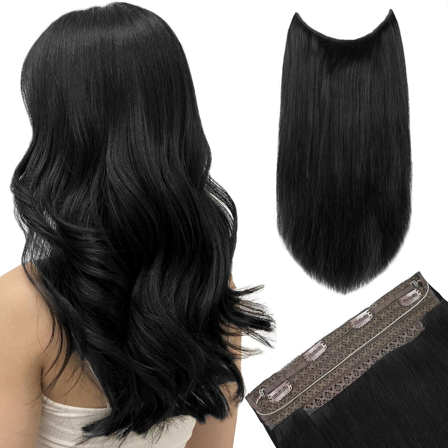 Amazon.com : Wire Hair Extensions Real Human Hair 16 Inch #1 Jet Black ...