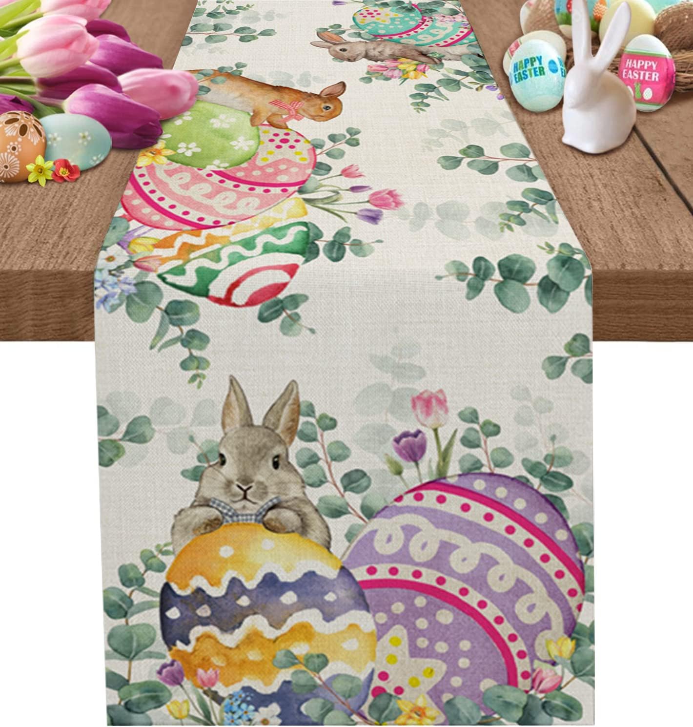 Amazon.com: Spring Easter Table Runner Eggs Cute Bunny Tabletop Runners Vine Eucalyptus Leaves ...