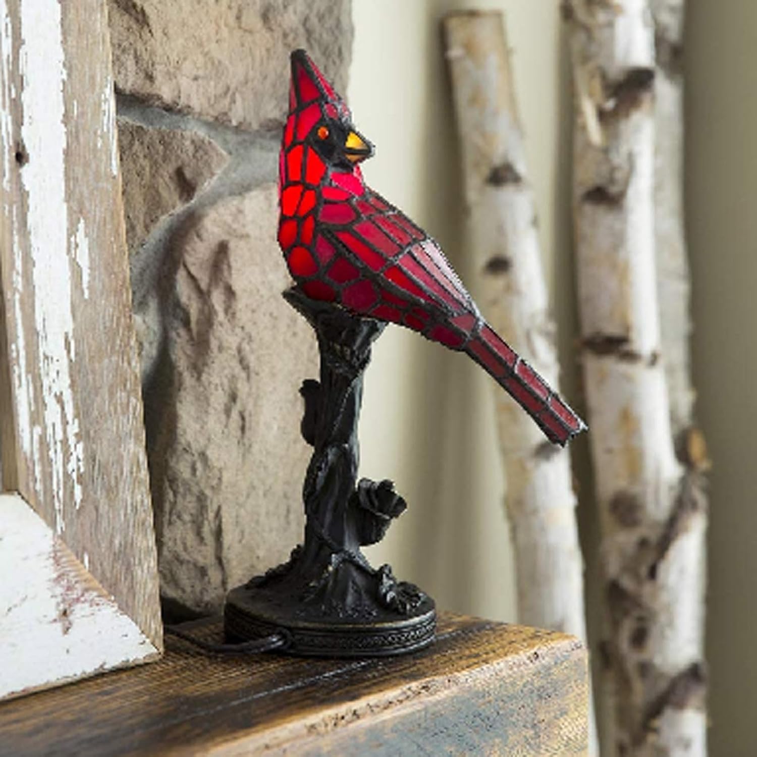 Cardinal Tiffany Style Bird Accent Table Lamp, Handmade Stained Glass ...