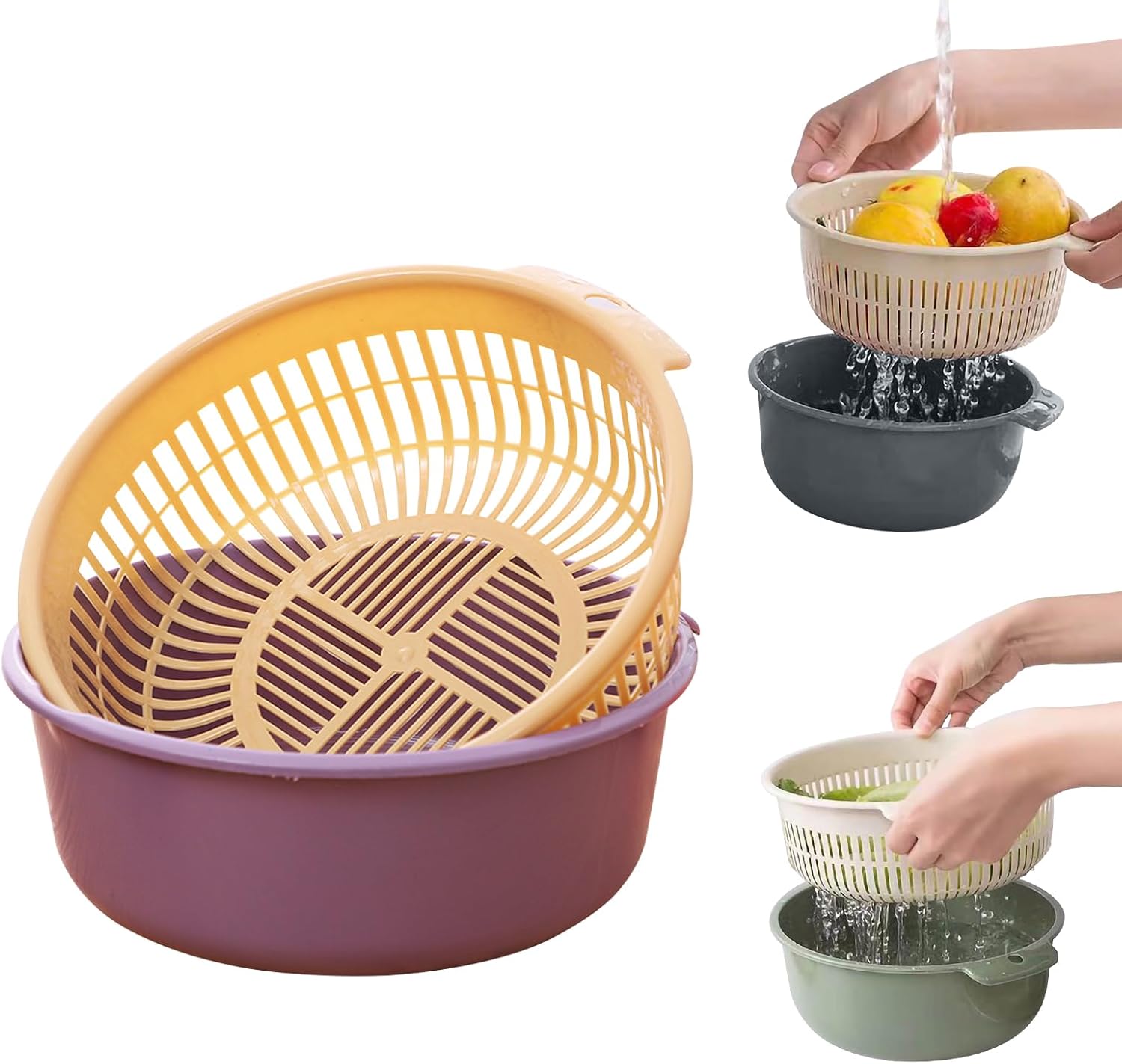 Large Kitchen Strainer Colander Bowl Sets,Double-Layer Plastic Fruits ...