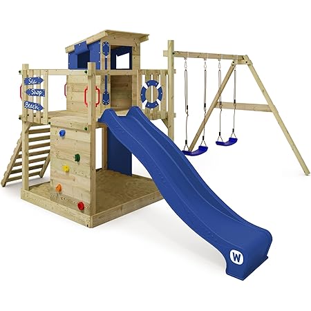 WICKEY Wooden climbing frame Smart Coast with swing set & blue slide ...