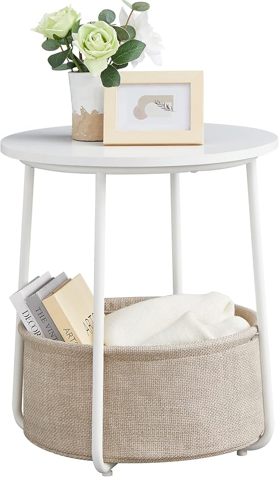 VASAGLE Side Table, Round End Table with Fabric Basket, Spacious, for ...