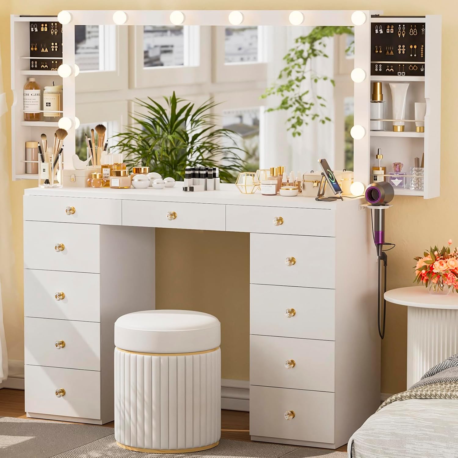 Amazon.com: Likein Vanity Desk with Mirror and Lights, White Vanity ...