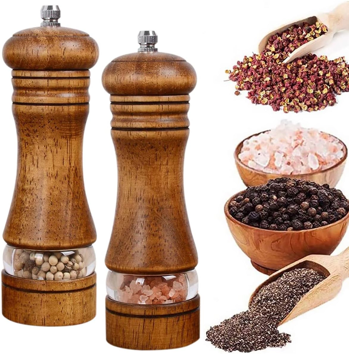 Amazon.com: 2 PCS Wooden Salt and Pepper Mill, Manual Pepper Mill, Salt ...