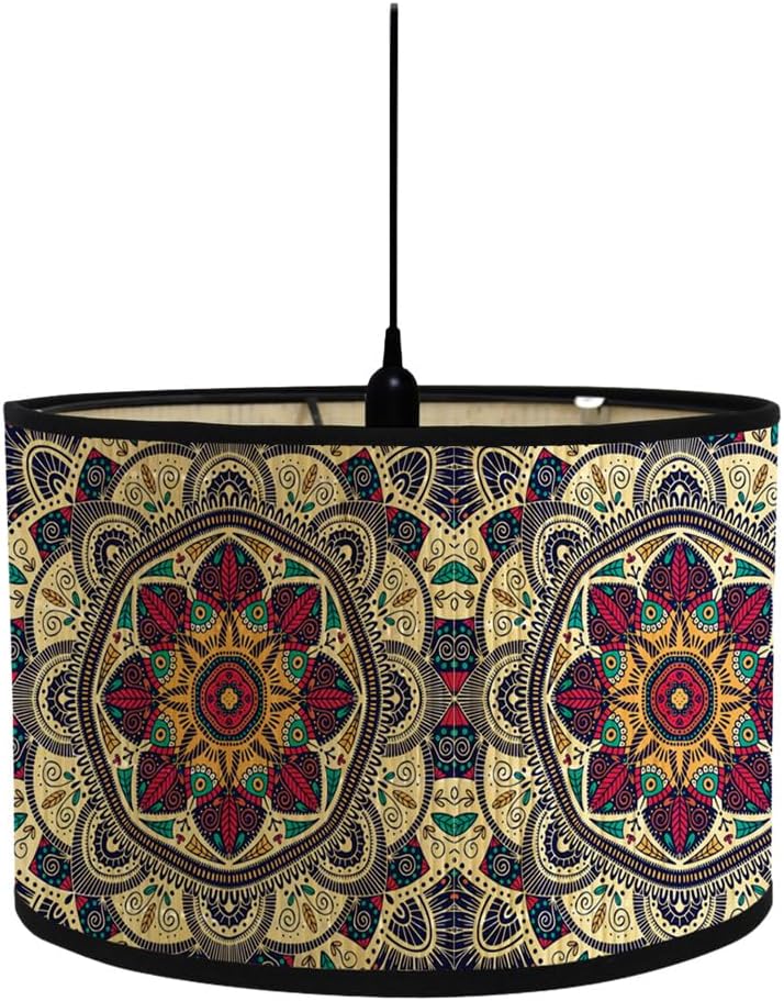 FANSU Round Drum Light Shade for Table Lamp, Boho Pattern Pendant ...