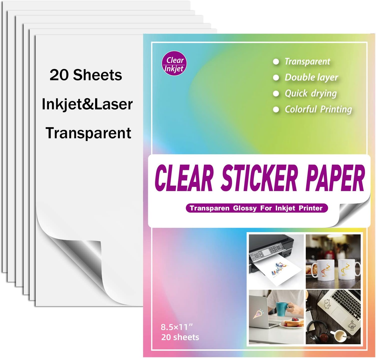 Amazon.com : 20 Sheets Clear Sticker Paper for Inkjet Printer - Glossy ...