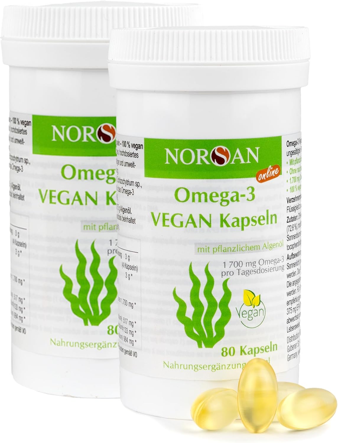 NORSAN Premium Omega 3 Vegan Kapseln 2er Pack (2x 80 Stück) - 1.700mg ...