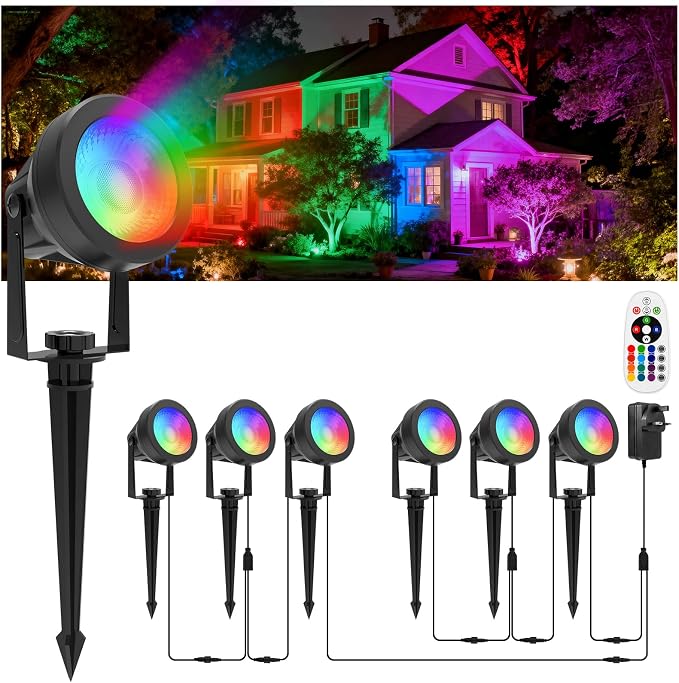 T-SUNUS RGB Garden Spotlights Mains Powered, 6-in-1 Outdoor Coloured ...