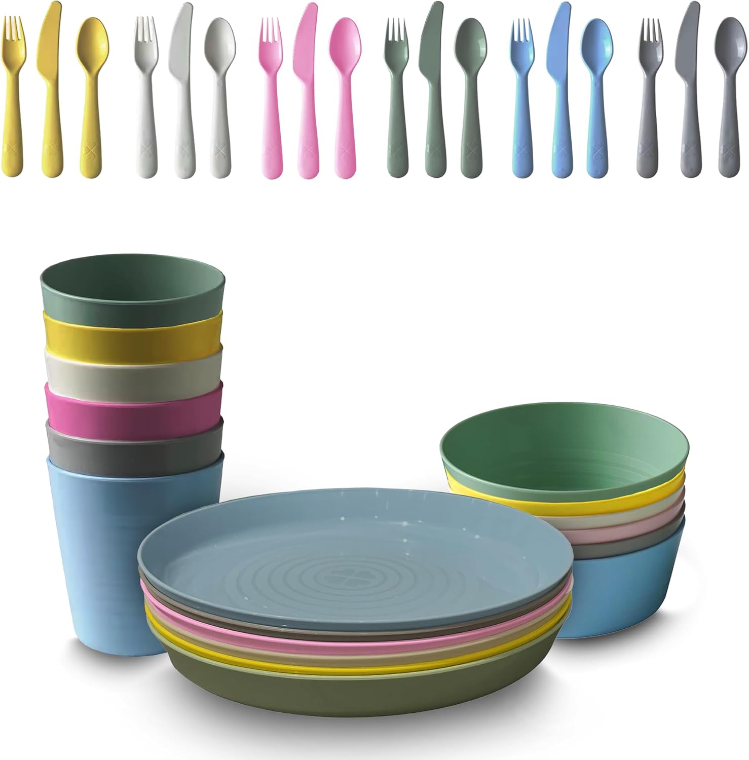 36 Pcs Kids Plastic Dinnerware Set - BPA-Free Colorful Plates, Bowls ...