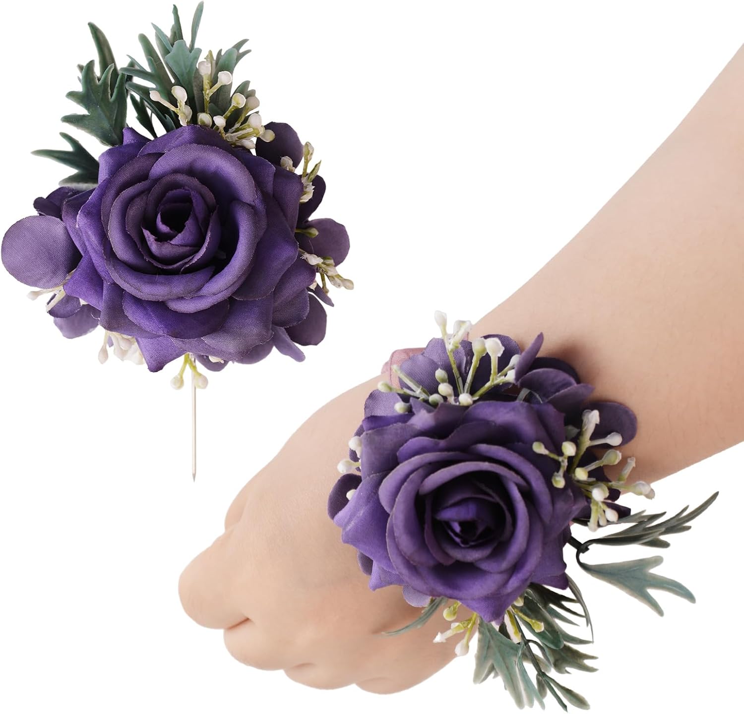 Amazon.com: URROMA Wrist Corsage and Boutonniere Set, Artificial Purple ...
