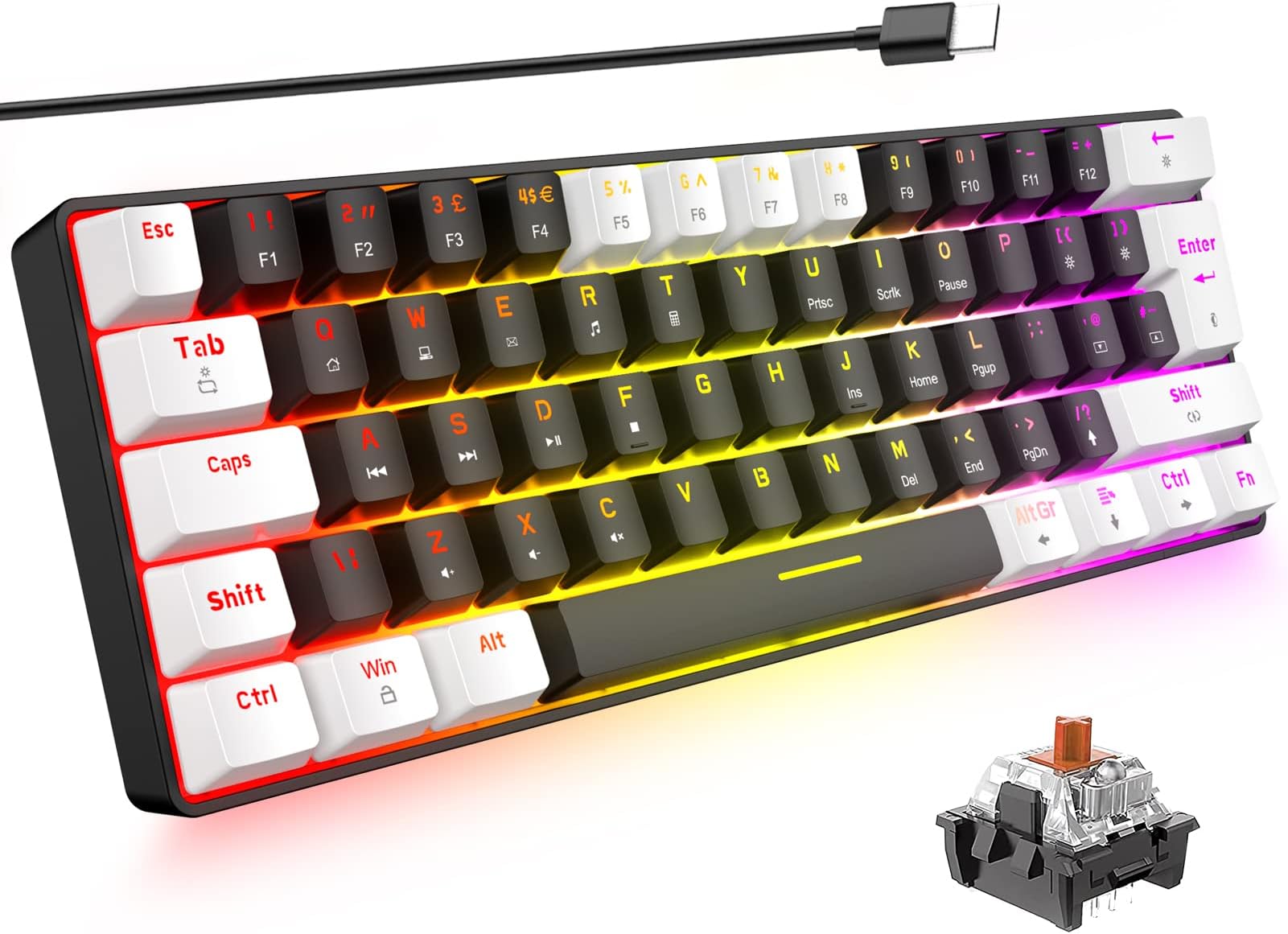T60%60 Mekanik Oyun Klavyesi,RGB Arkadan Aydınlatmalı,61 Tuş TKL Compact UK Layout Kablolu ...