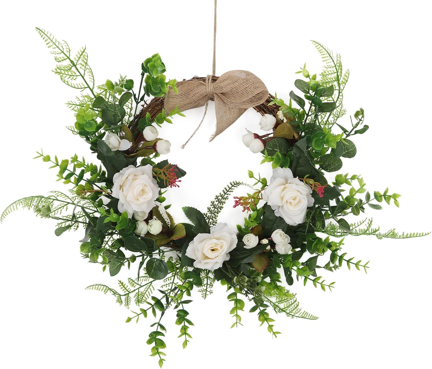 Amazon.com: Artificial White Rose Wreath with Artificial Green Leaves ...