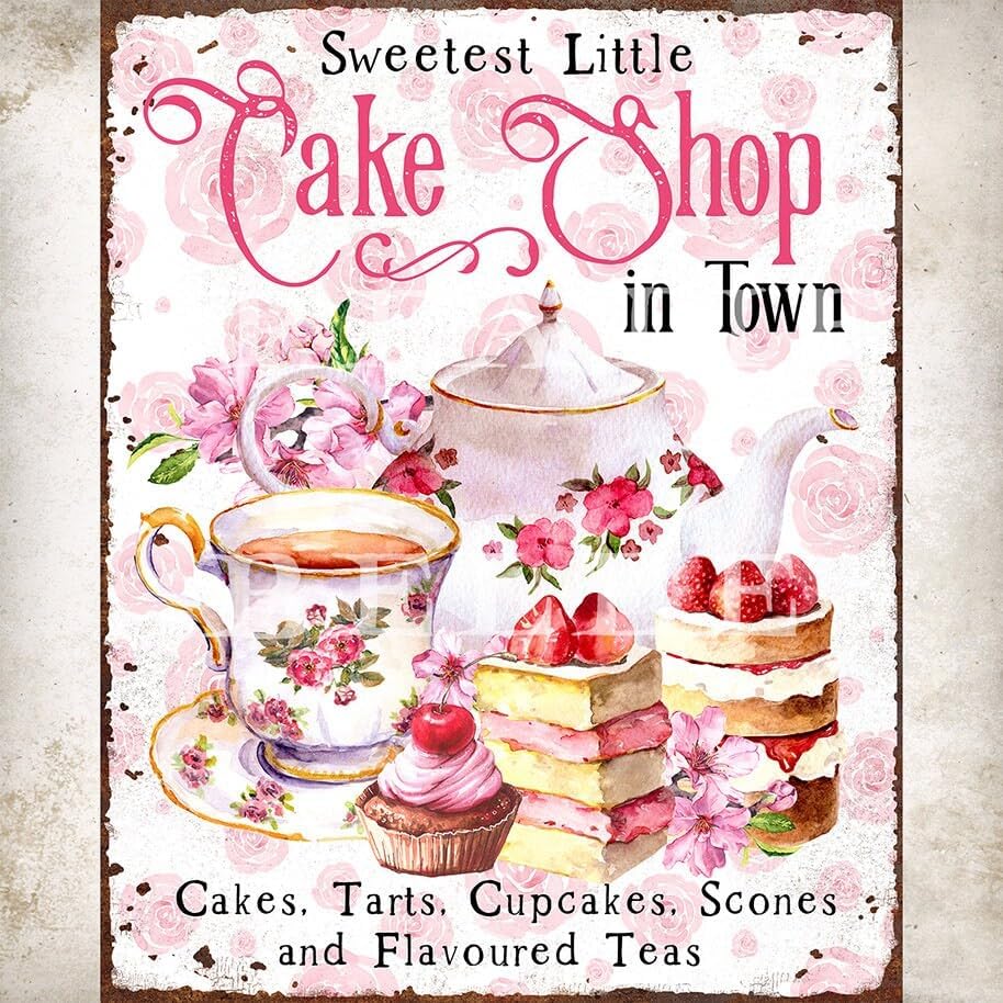 Amazon.com: Tin Signs Vintage Shabby Chic Cake Shop Sign Cupcakes Tarts ...