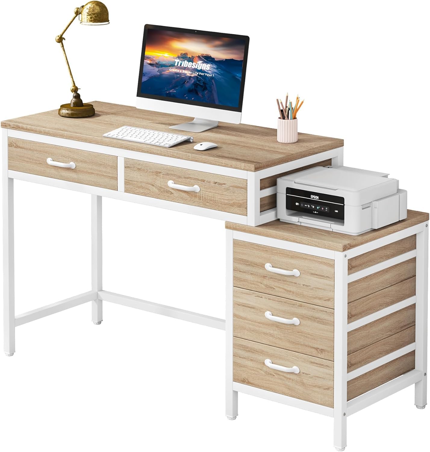 Tribesigns Computer Desk with 5 Drawers, Home Office Desks with Reversible Drawer Cabinet ...