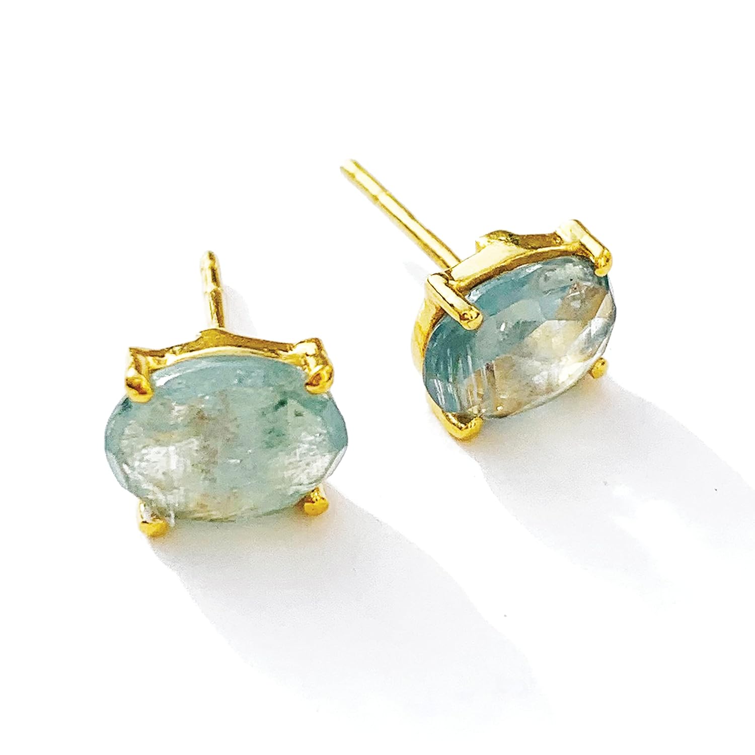 Amazon.com: Joyfulmuze Gold Stud Aquamarine Earrings, Blue Emerald Cut ...