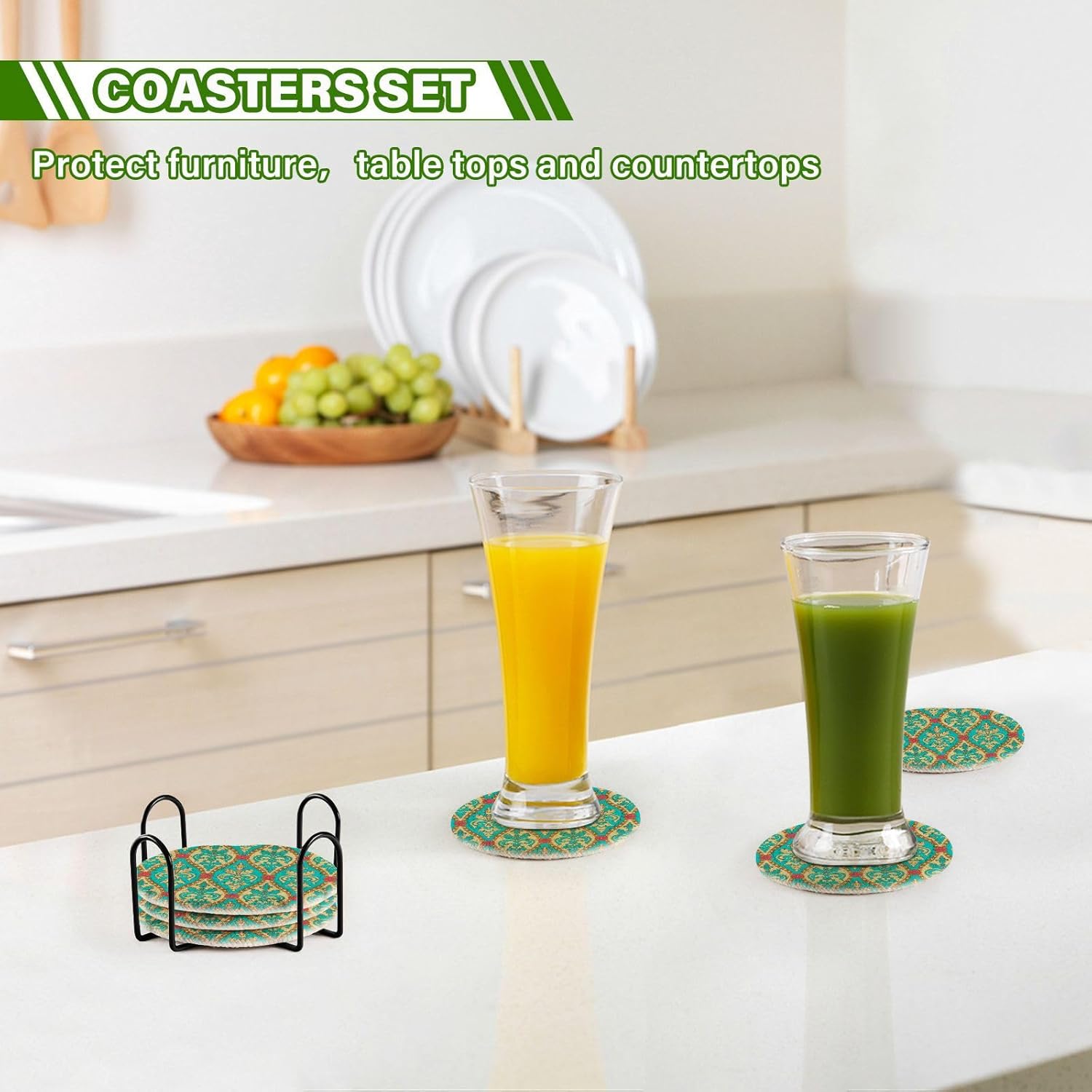 Coasters Absorbant Set of 6 with Holder Table Coasters for Drinks Table ...