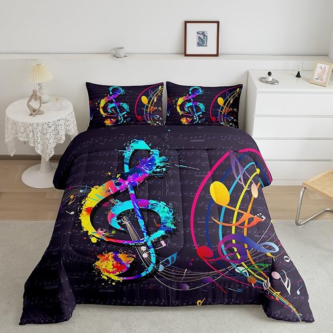 Amazon.com: Music Note Comforter Set Twin Size Colorful Tie-Dye Hippie ...