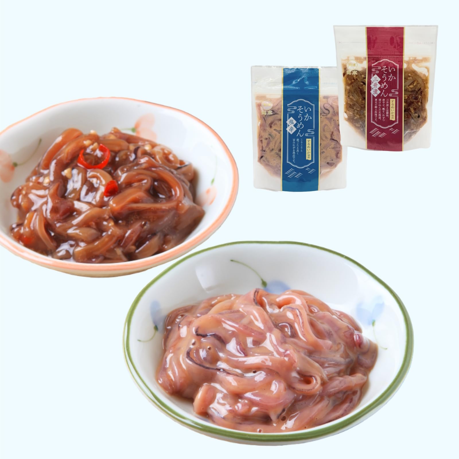 Amazon.co.jp: 函館珍味 道水 いかそうめん塩辛・三升漬食べ比べセット 1.1kg 小分け各110g×5P いかの耳100%使用 するめいか ご飯のお供 おつまみ 北海道 : 食品 ...