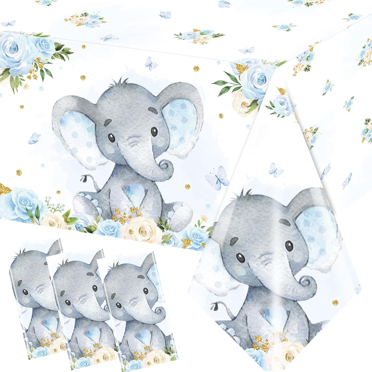 Amazon.com: Juweked 3 Pcs Blue Elephant Baby Shower Tablecloth for Boy ...