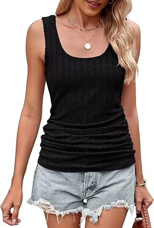 Women's Square Neck Ribbed Ruched Tank Tops Summer Casual Sleeveless ...