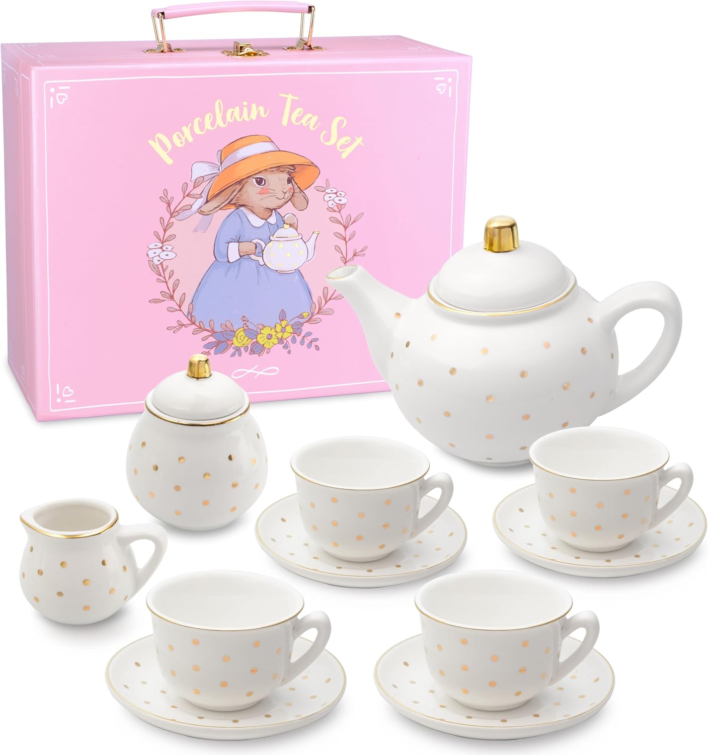 Porcelain Tea Set for Girls - White with Gold Polka Dots Tea Party Set ...