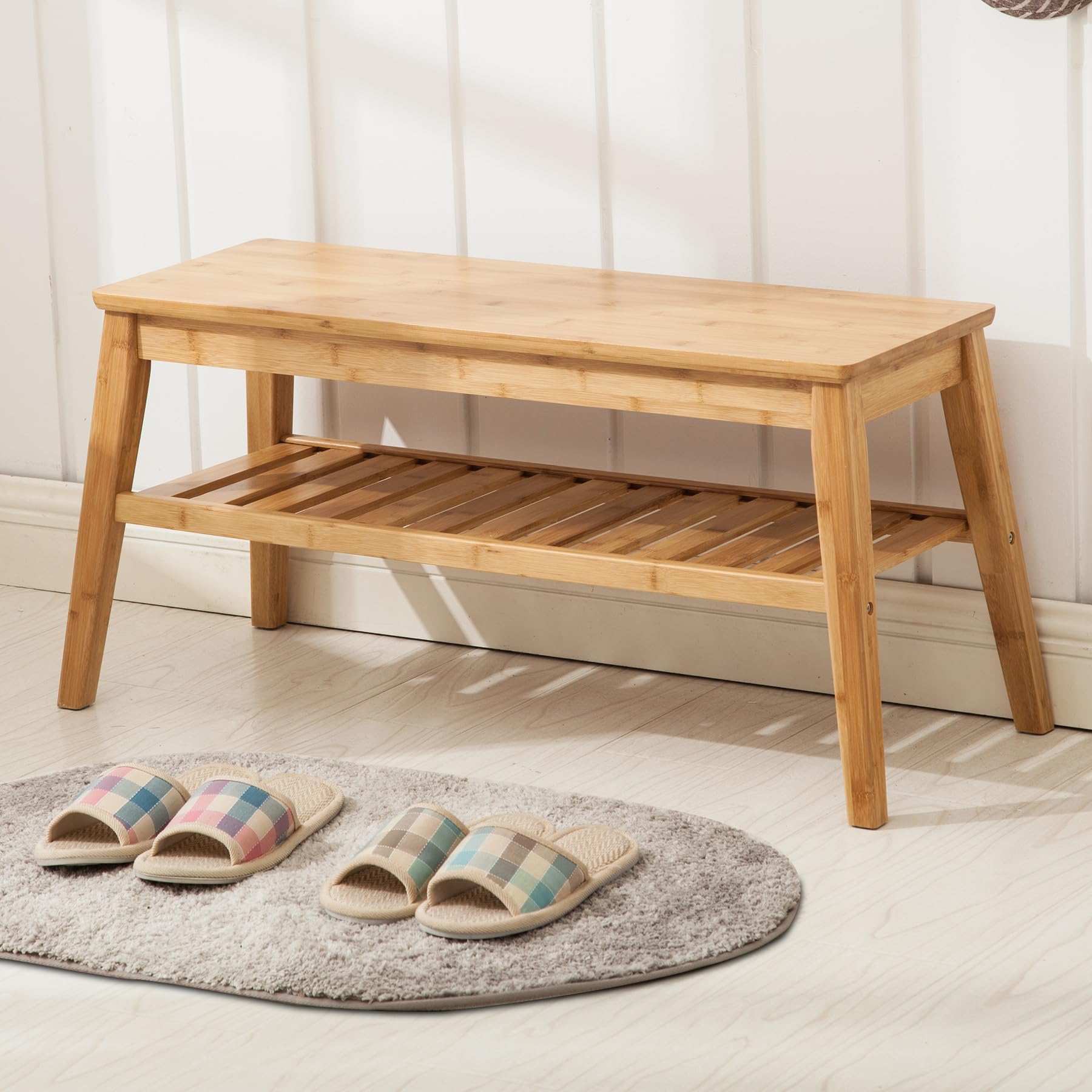 Amazon.com - Nnewvante Bamboo Entryway Bench, 2 Tier Indoor Storage ...