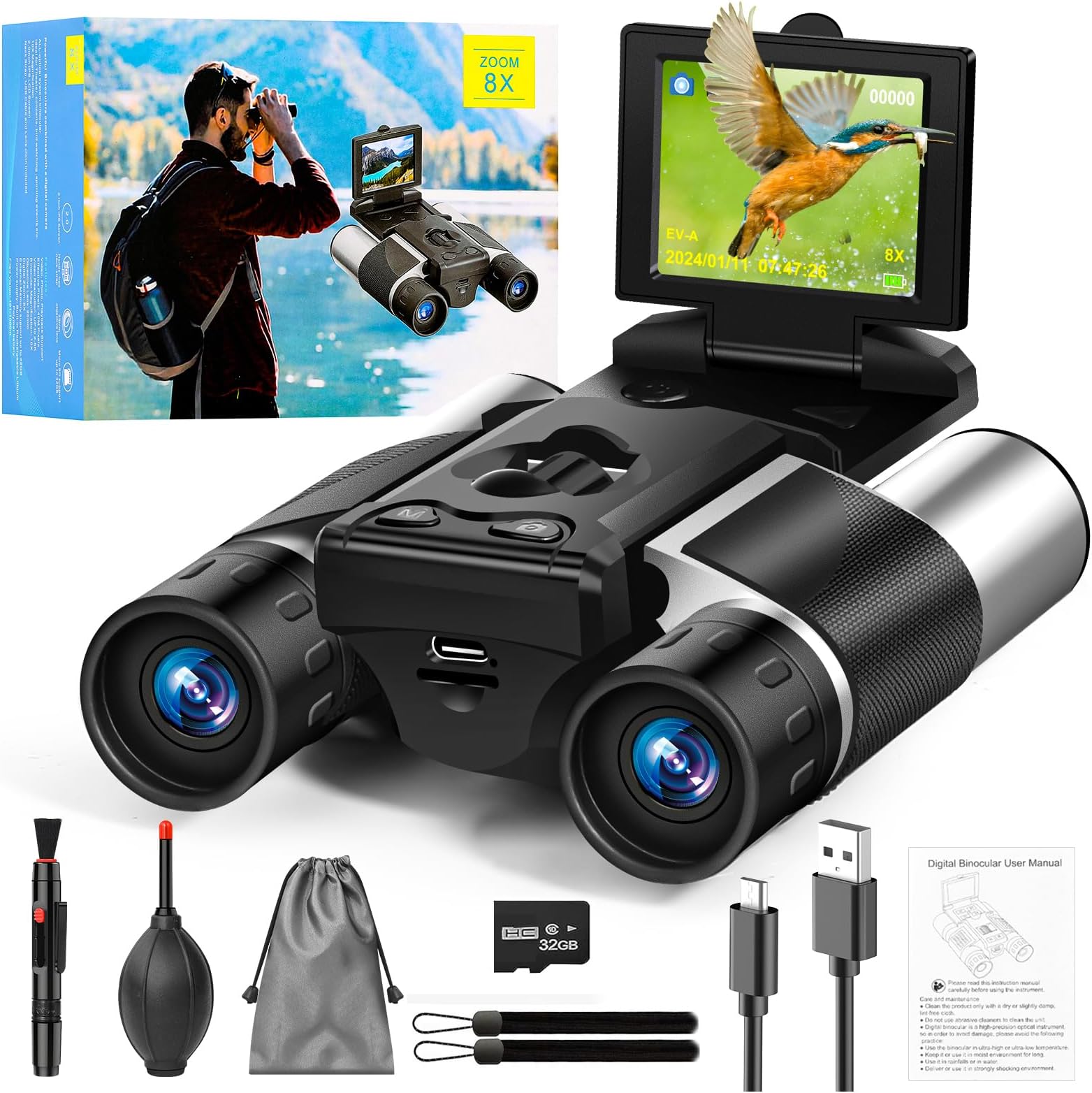 2" LCD Binoculars with Camera for Adult, 10x Optical Zoom 8X Digital ...
