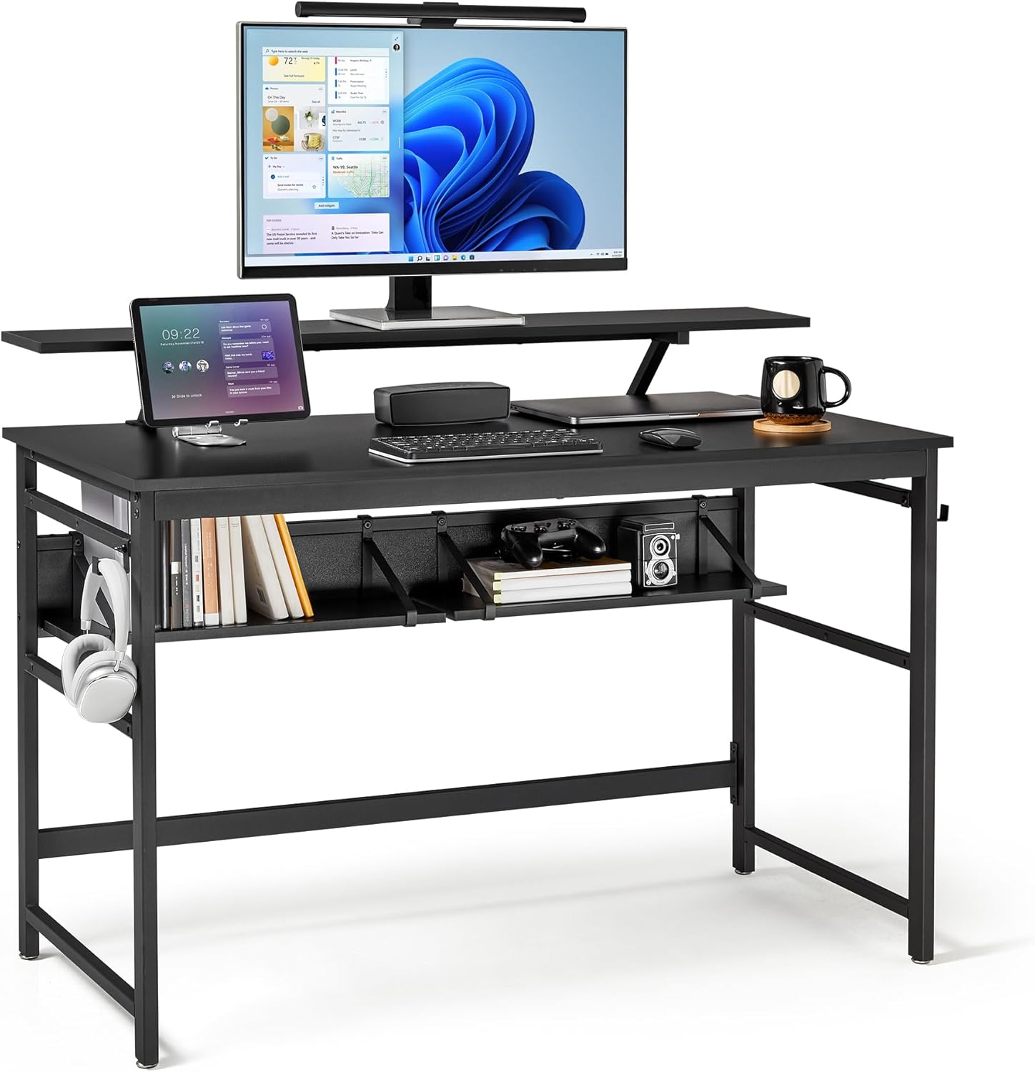 Mondeer Computer Desk, Workstation Writing Desk with 2 Adjustable Storage Shelves and Large ...
