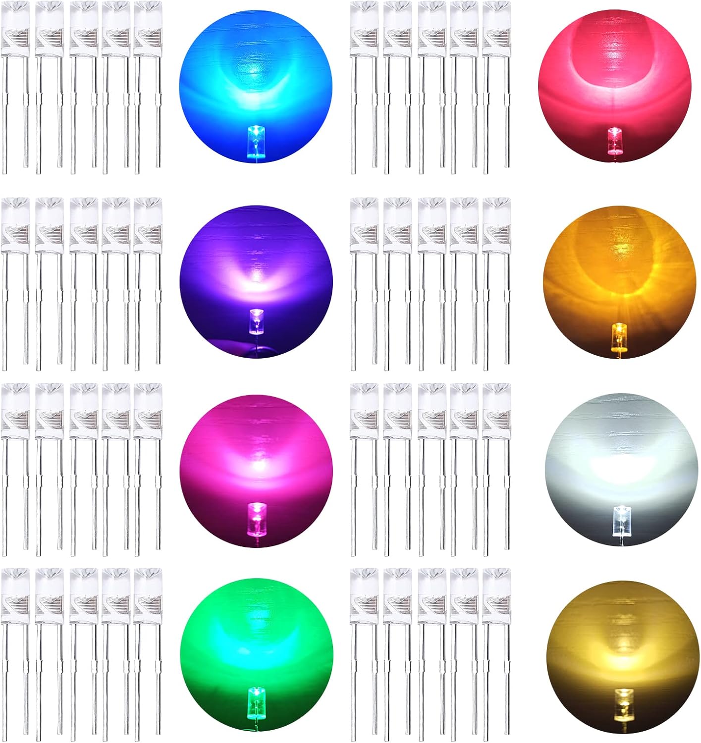 (8 Colours*25pcs)200Pieces 5mm 180 Degree high Brightness LED Clear LED ...