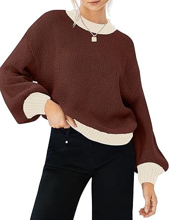 ZESICA Women's Casual Long Sleeve Crew Neck Pullover 2024 Fall Ribbed Knit Loose Contrast Color ...