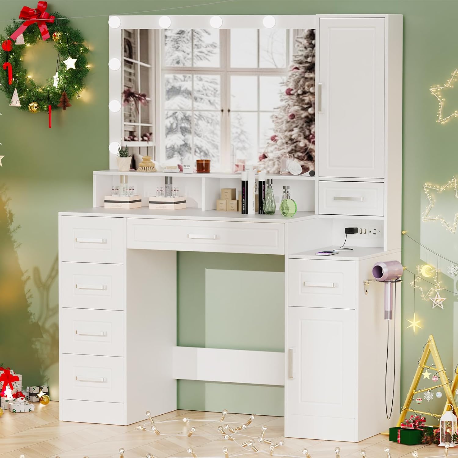 Amazon.com: ISHARINGTIME Large Vanity Desk with Lighted Mirror & Power ...