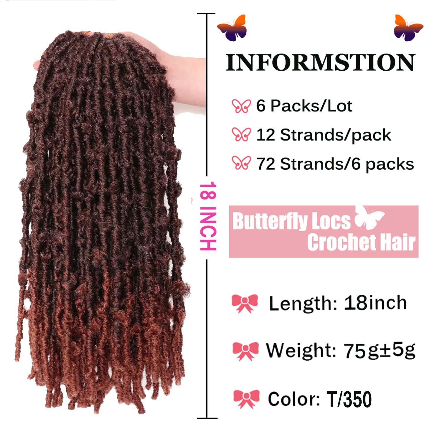 6 Packs Butterfly Faux Locs Crochet Hair 18 Inch Pre-looped Distressed ...