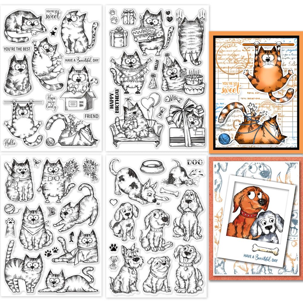 Amazon.com: GLOBLELAND 4 Sheets Cartoon Cat Dog Clear Stamp for Card ...
