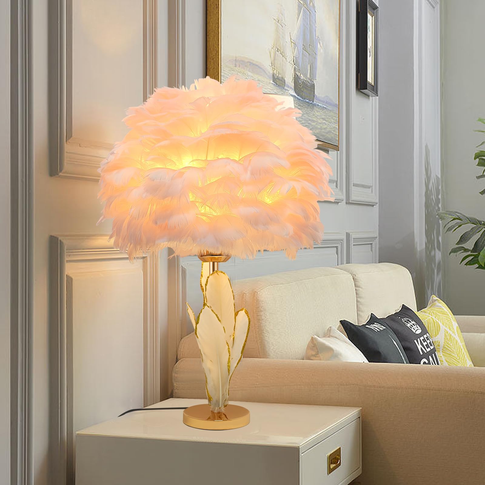 ZYLEIESENBAO Girl Lamp Creative Feather Table Lamp Gold Pink Bedside ...