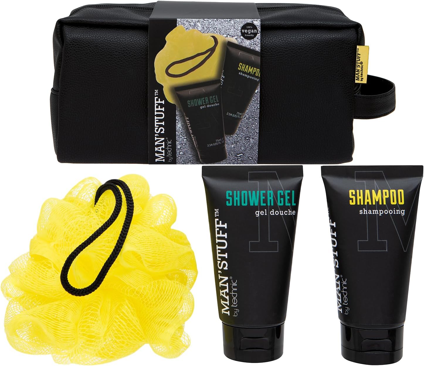 Man Stuff Wash Bag Travel Set with Shower Gel, Shampoo & Body Sponge ...