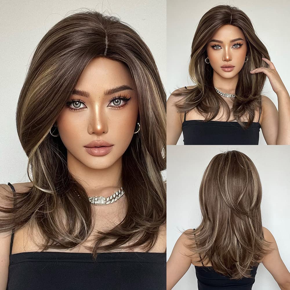 Amazon.com: MAGQOO Brown Blonde Wig for Women Brown Highlights Shoulder ...