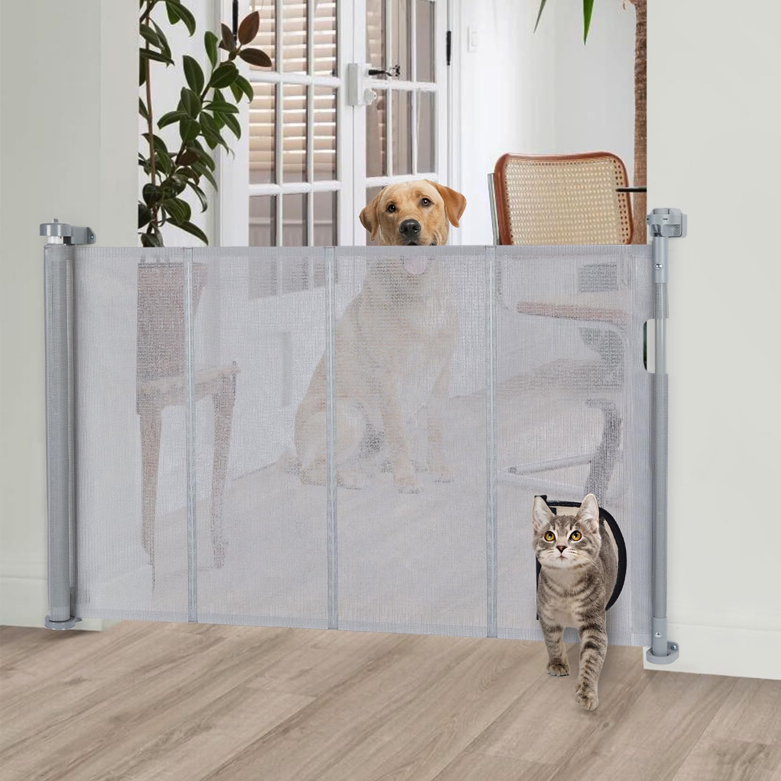 Ownpets Retractable Dog Gate with Cat Door 71 inch Extra Wide Pet Gate ...