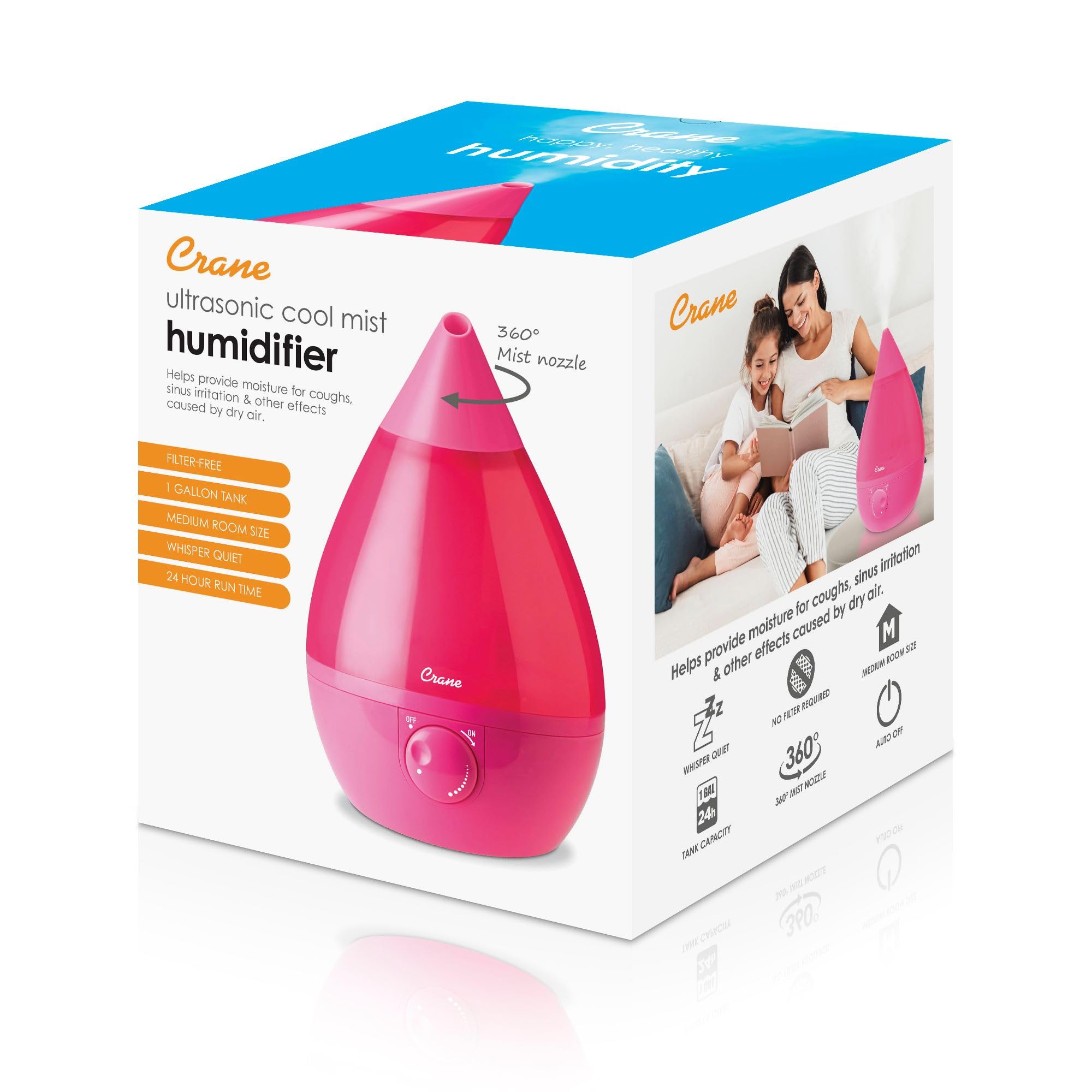 Crane Ultrasonic Humidifiers for Bedroom and Office, 1 Gallon Cool Mist ...