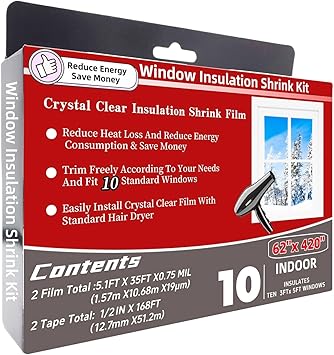 Fonsbleaudy 10-Window Shrink Film Window Insulation kit（62-Inch x 420 ...