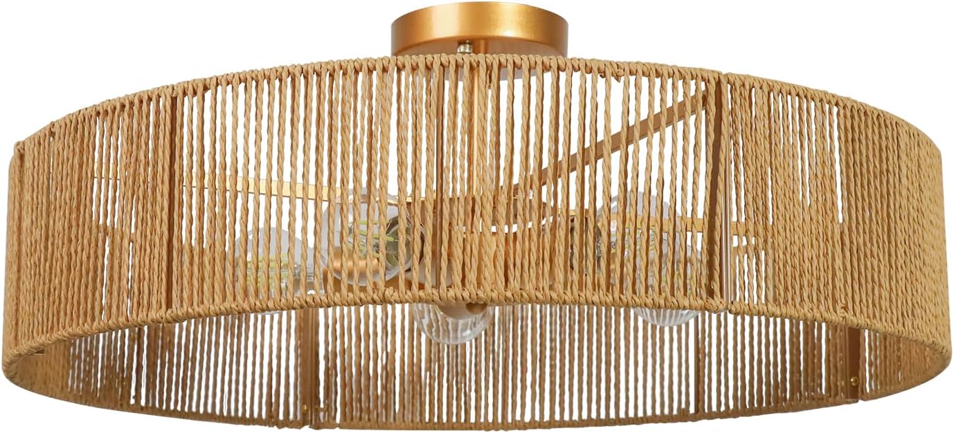 blusun 24" Natural Rattan Ceiling Light, Semi Flush Mount Gold Ceiling ...