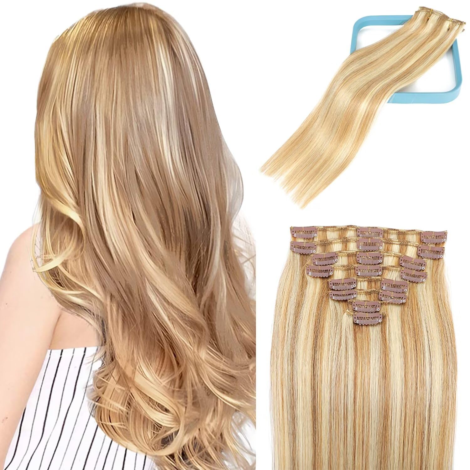 LORIEN Clip in Hair Extensions Real Human Hair, 18 Inch 100g,18/613 ...