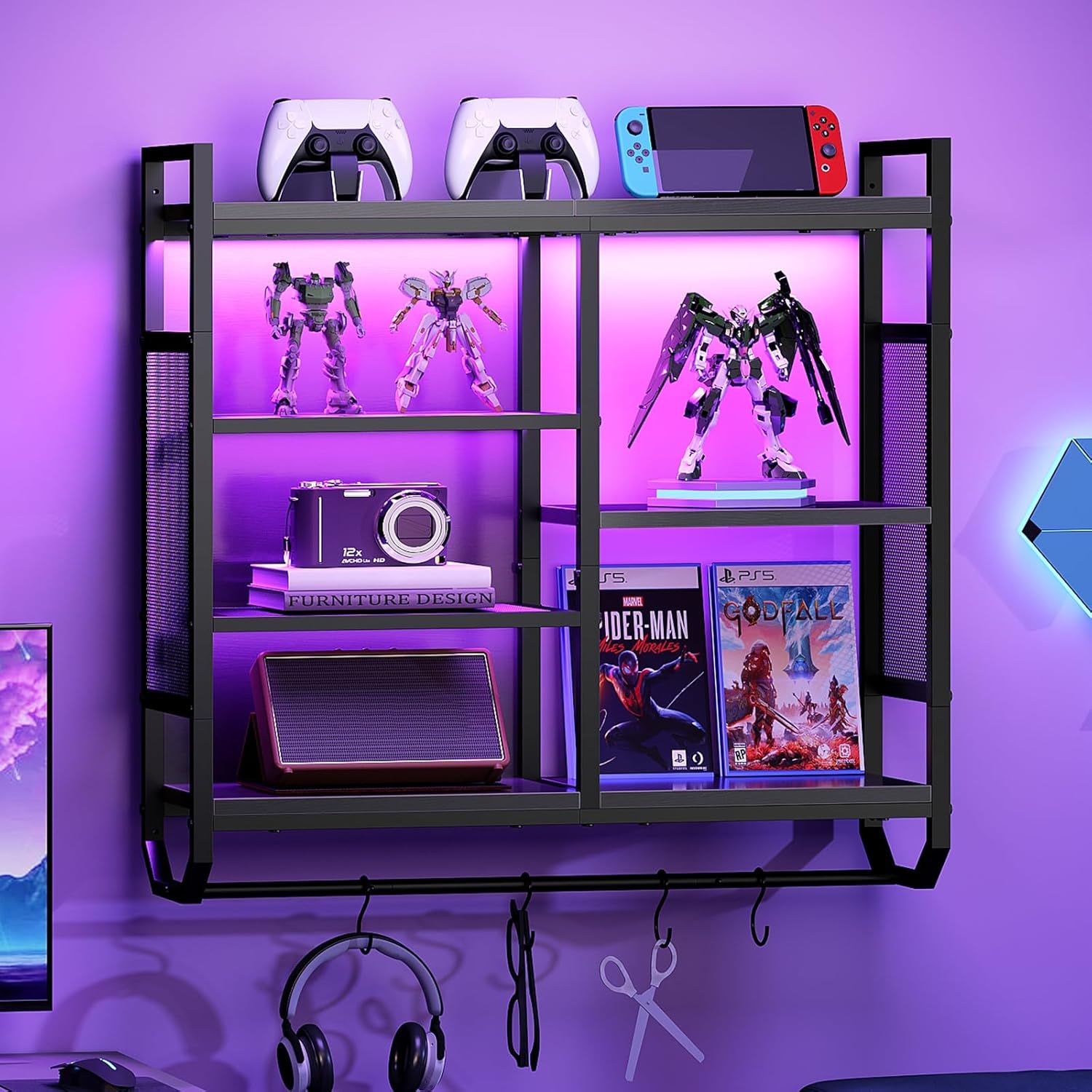 HOOBRO Gaming Floating Shelves, Wall Mounted Display Shelves with LED ...