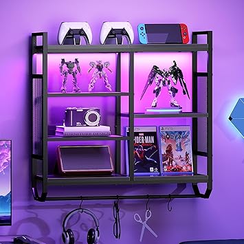 HOOBRO Gaming Floating Shelves, Wall Mounted Display Shelves with LED ...