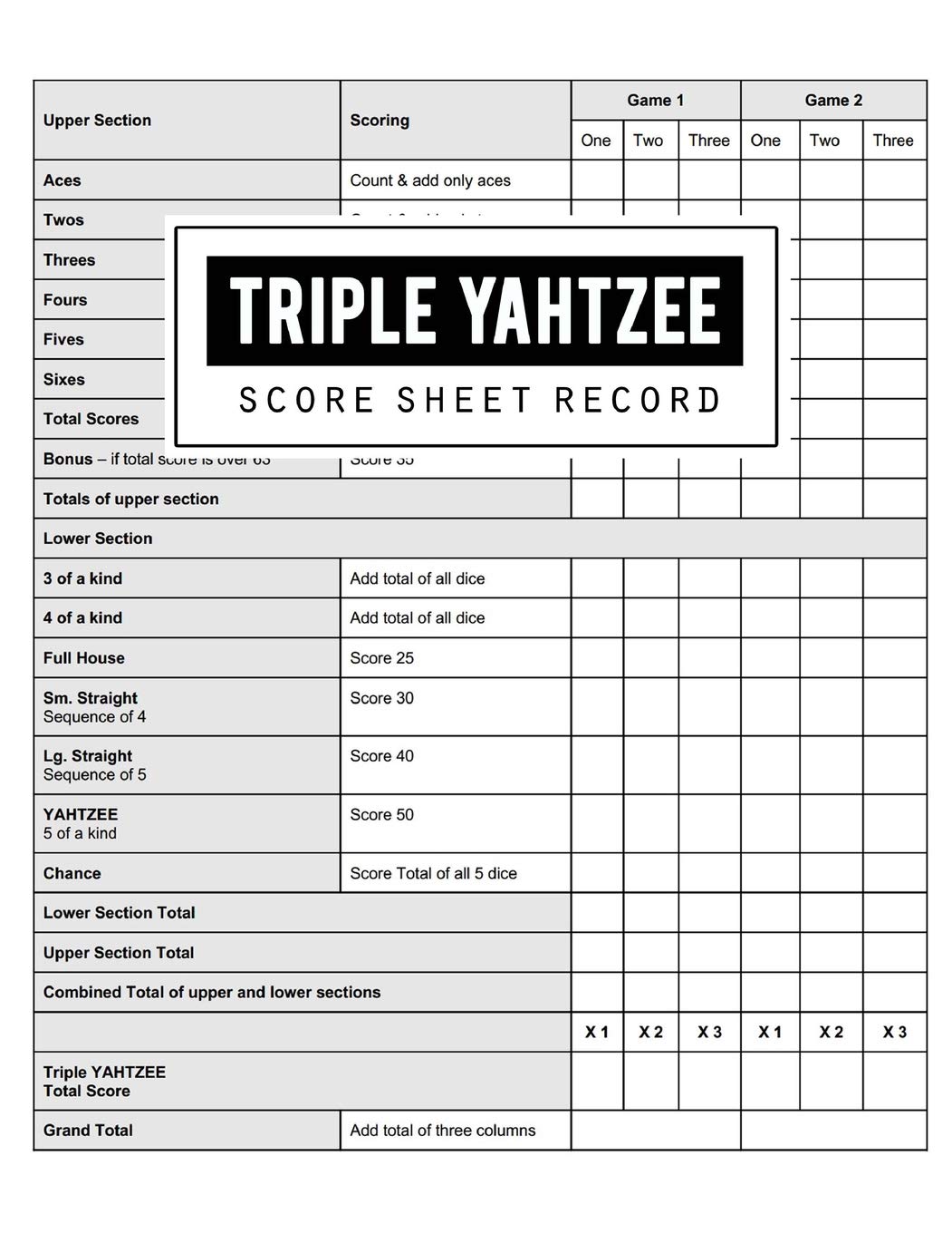 Triple Yahtzee Score Record: Triple Yahtzee Game Record Keeper Book ...