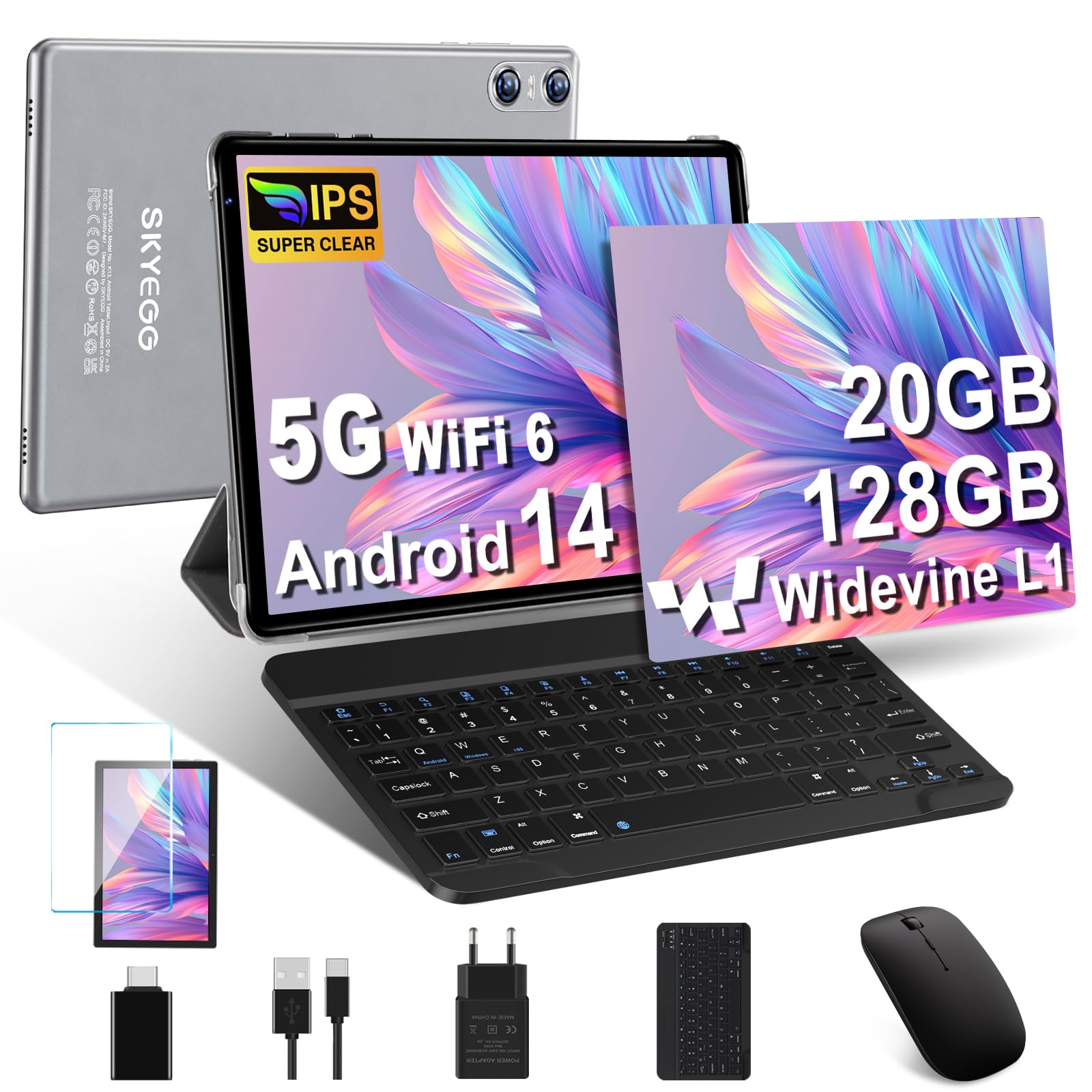 Tablette Android 14 avec 5G Wi-Fi 6, 20 GO RAM+128 GO ROM (Extensible ...