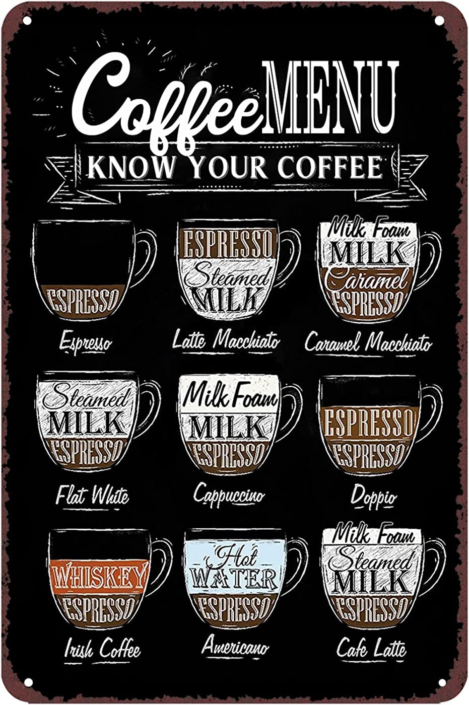 Amazon.com: Coffee Bar Metal Sign Coffee Menu Know Your Coffee Tin Sign ...