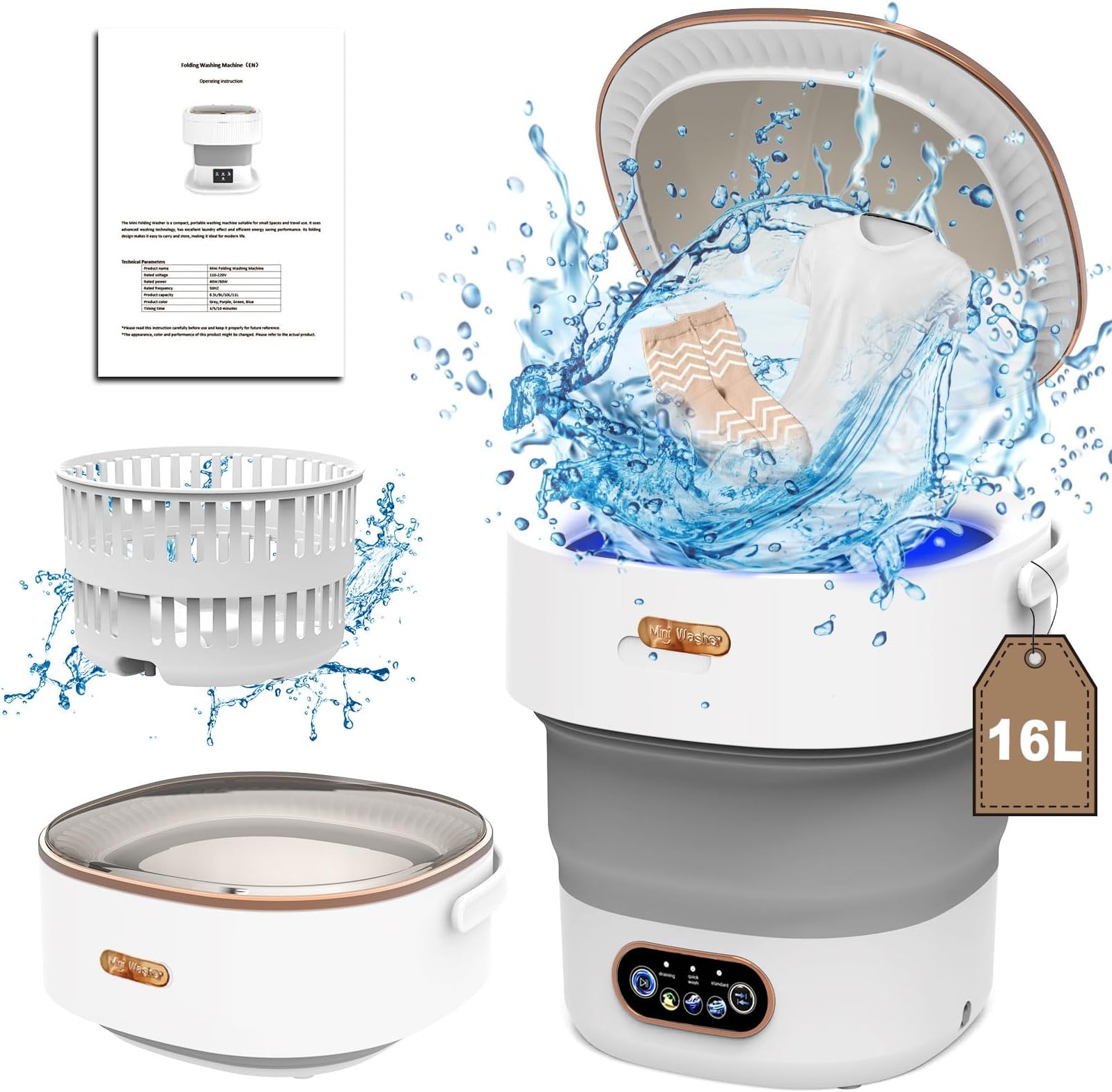 Portable Washing Machine, 16L 2.3kg Mini Washing Machine and Dryer ...