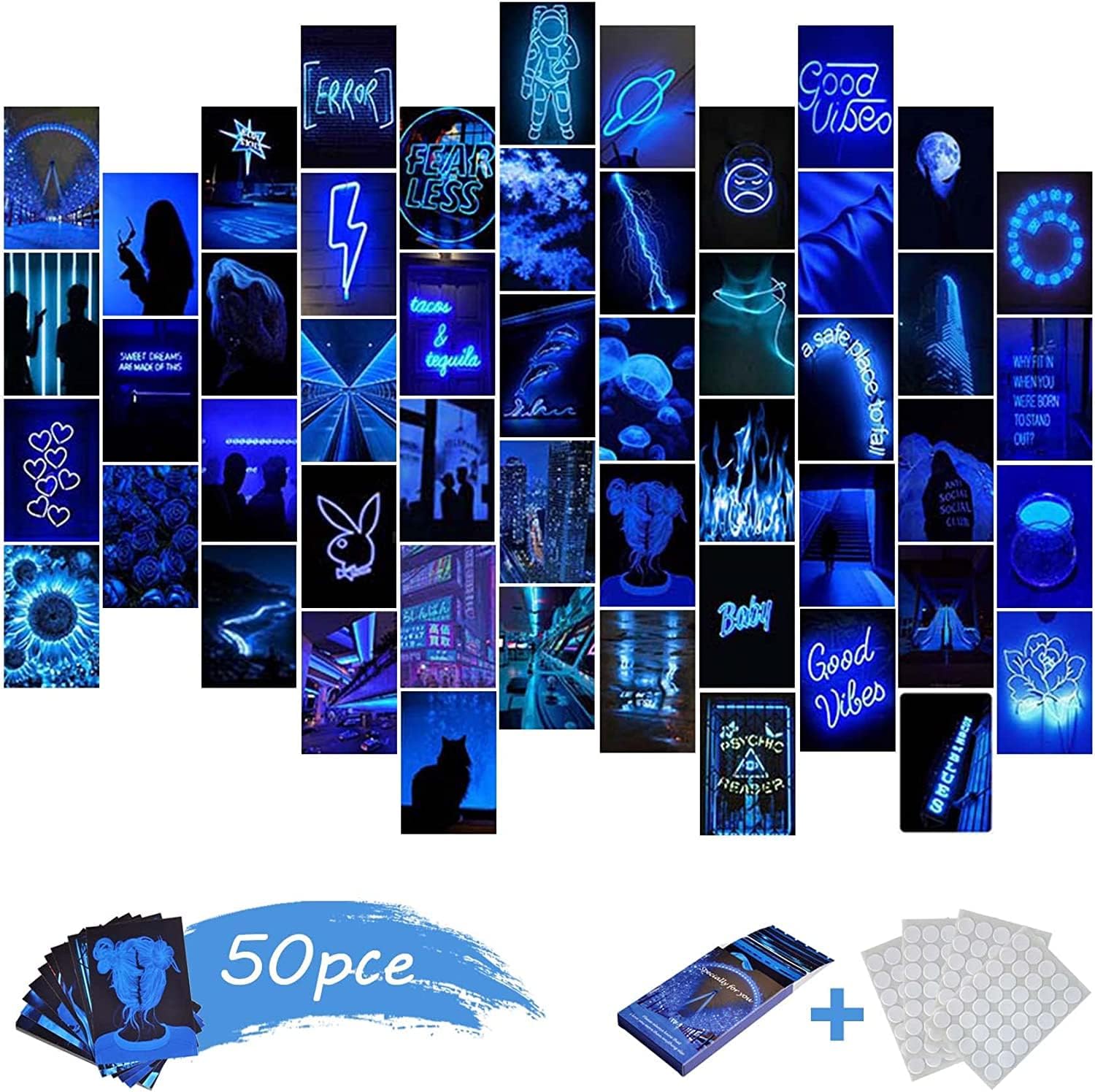Amazon.com: BATHTOI Blue Aesthetic Wall Decor, 50 Pcs Neon Photo ...